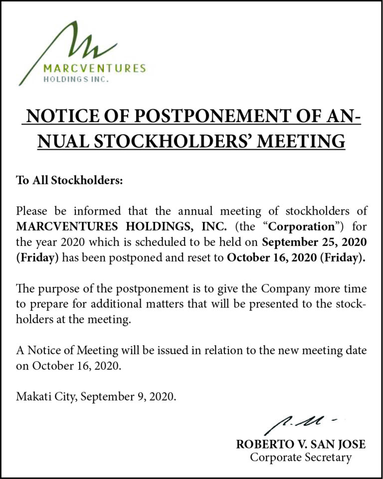 Notice of Postponement of Annual Stockholders' Meeting of Marcventures ...