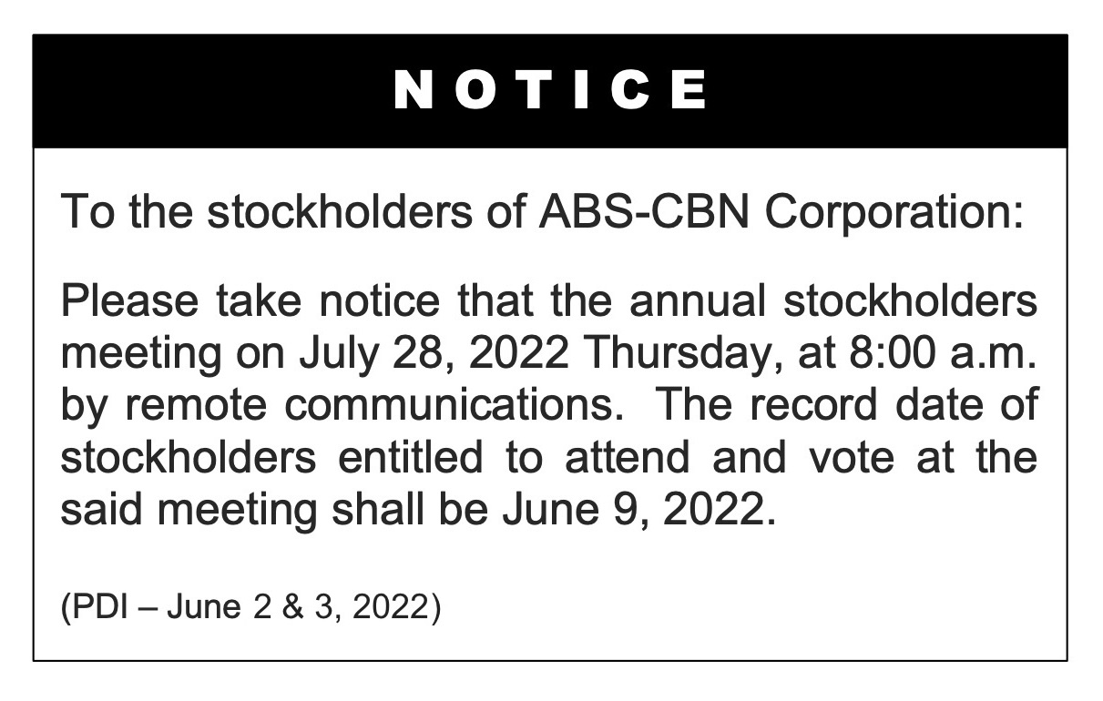 ABS-CBN Corporation Notice of Annual Meeting of Stockholders (1 of 2 ...