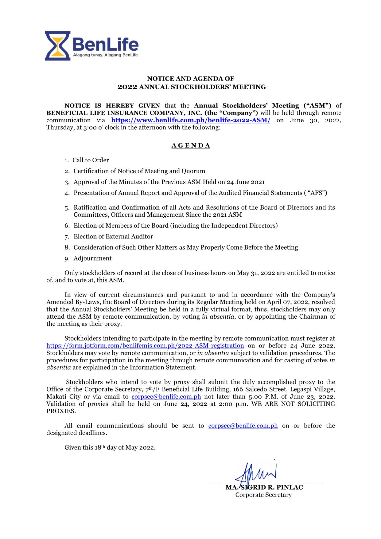 BenLife Insurance Notice of Annual Meeting of Stockholders 1 of 2