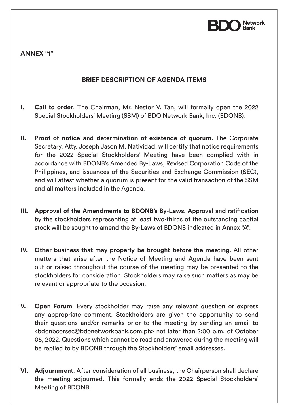 BDO Network Bank, Inc. Notice of Special Stockholders' Meeting