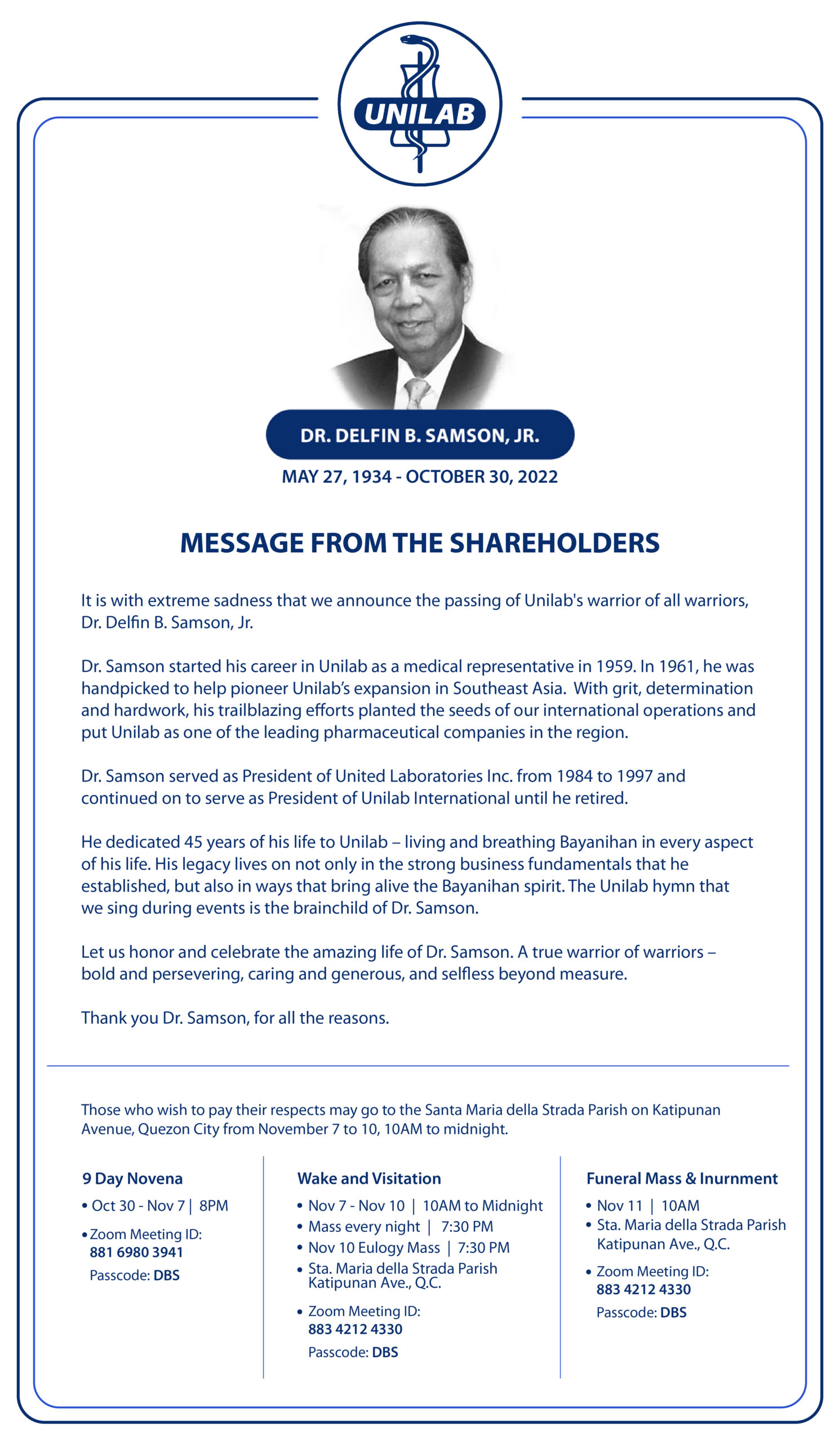 'The warrior of all warriors': Former Unilab President passes away