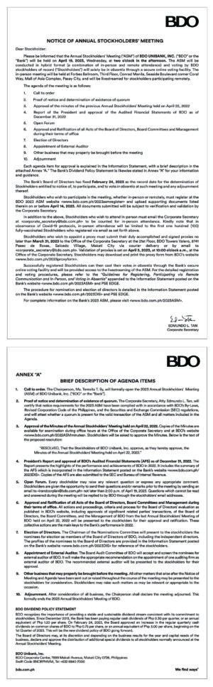 BDO Unibank Inc.: Notice of Annual Stockholders’ Meeting (Second ...