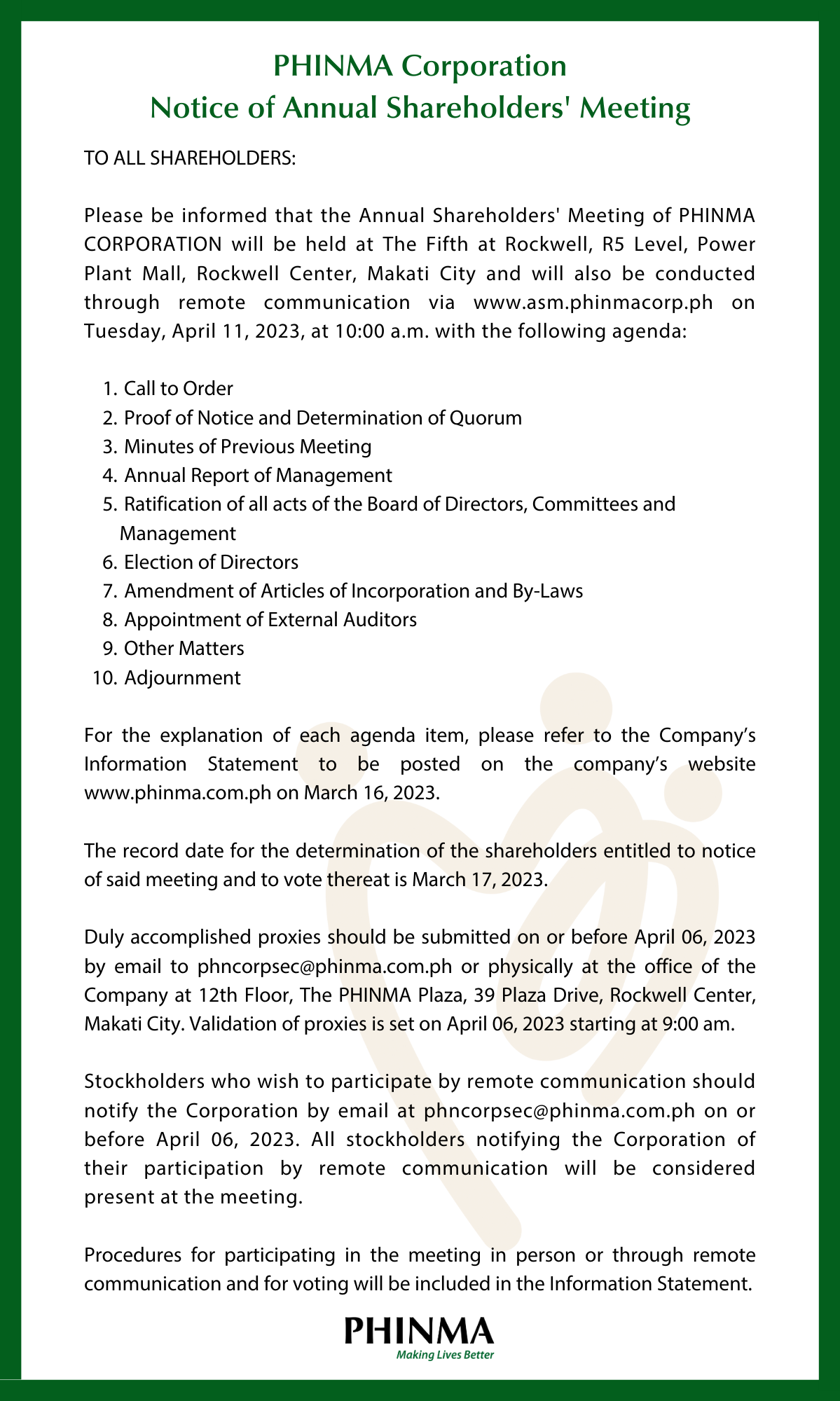 PHINMA Corporation Notice of Annual Shareholders' Meeting 1 of 2