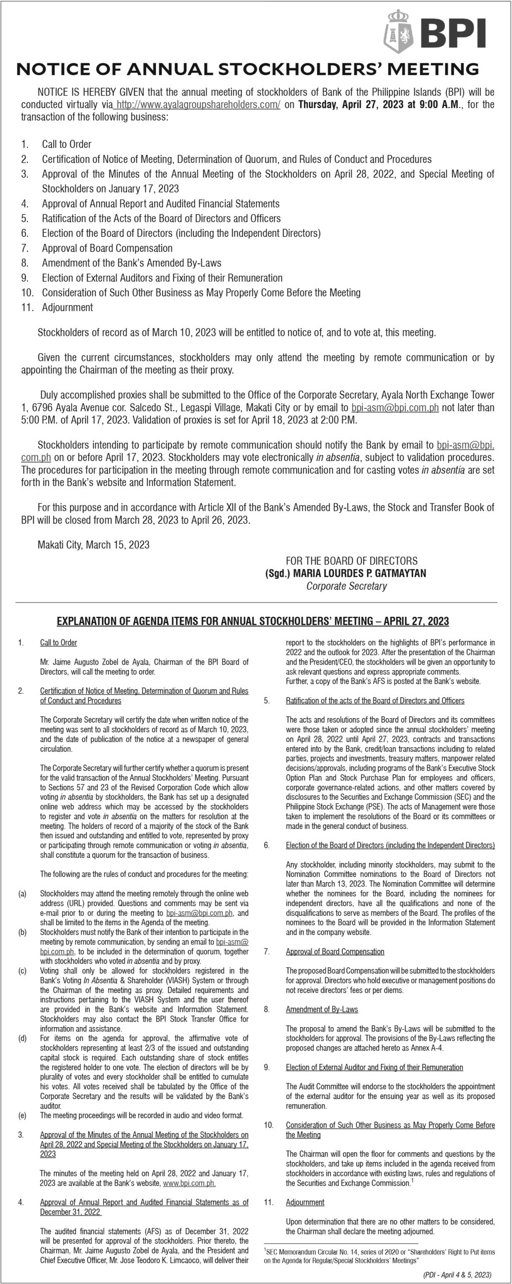 Bank of the Philippine Islands (BPI) to hold Annual Stockholders ...