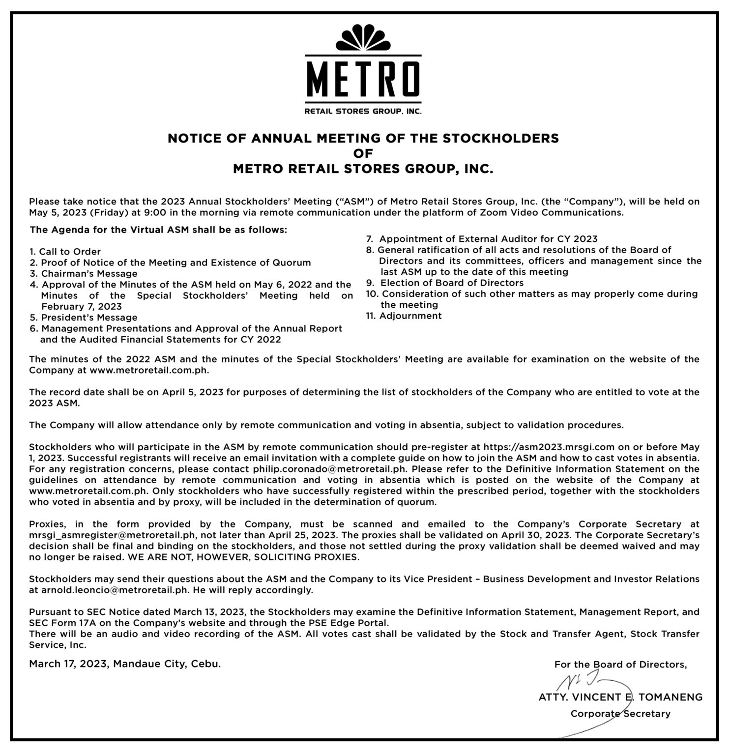 Notice of Annual Meeting of the Stockholders of Metro Retail Sales ...