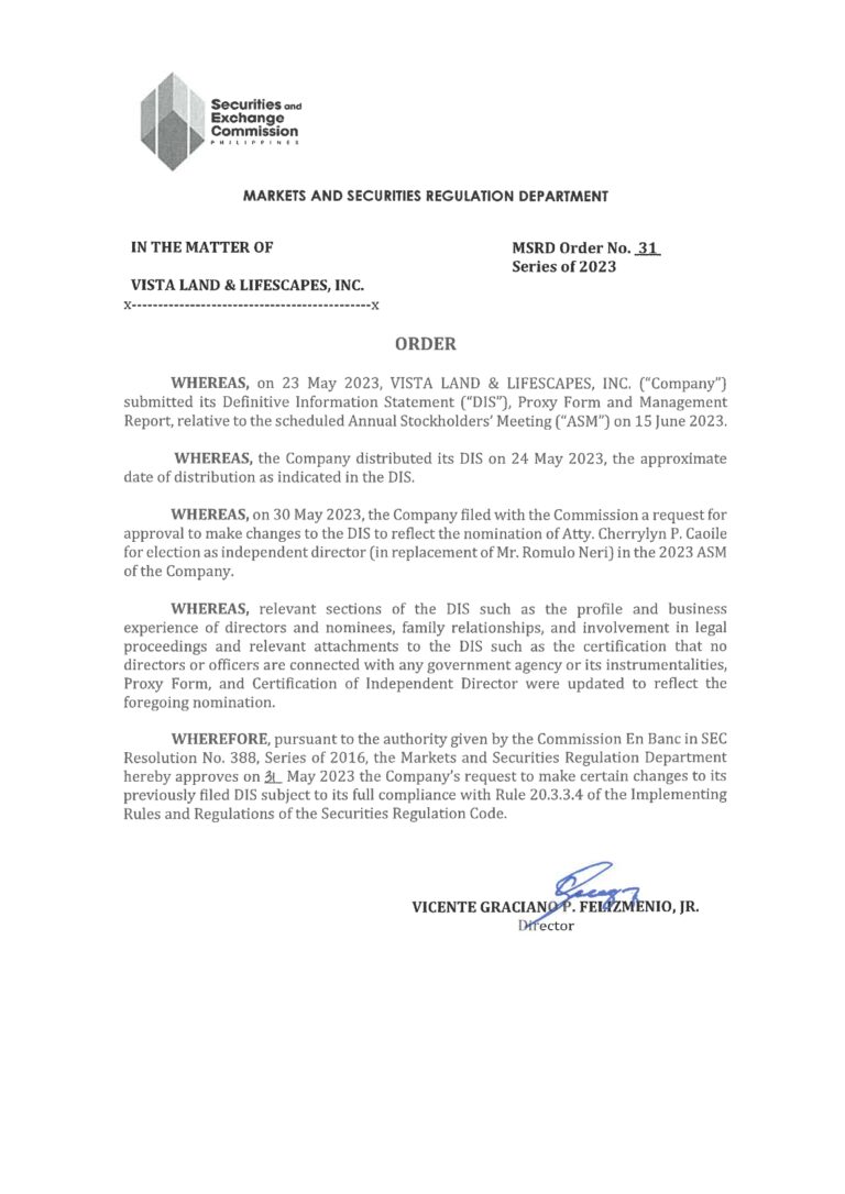 SEC order granting the changes to the Definitive Information Statement ...