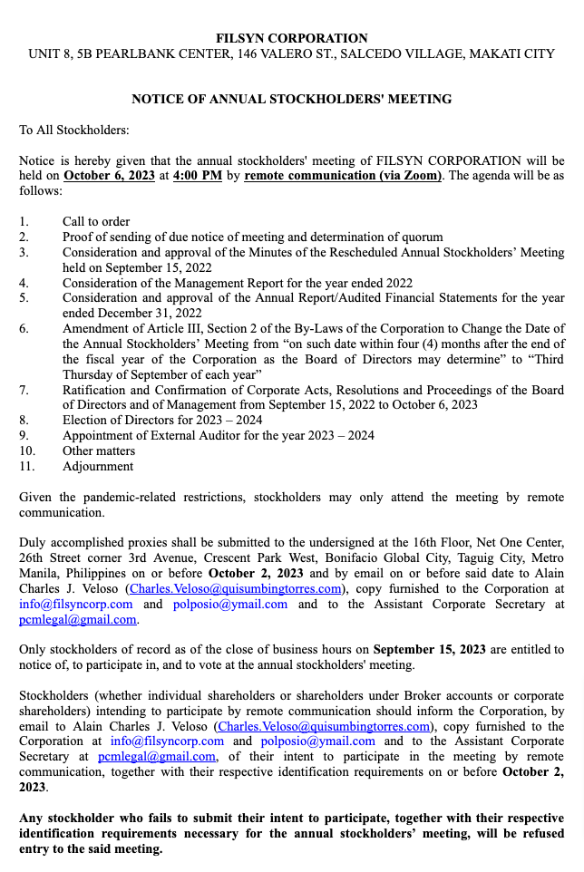 Filsyn Corporation Notice of Annual Stockholders’ Meeting (Second ...