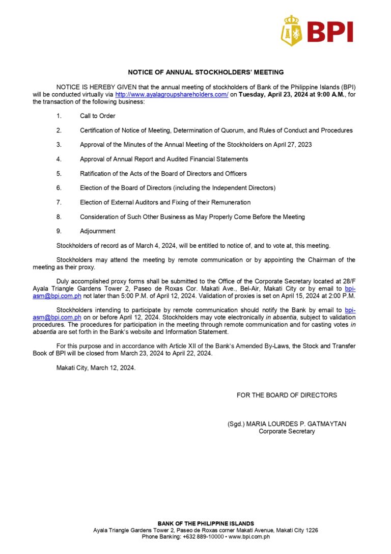 BPI Notice of Annual Stockholders’ Meeting 2024 (First Publication)