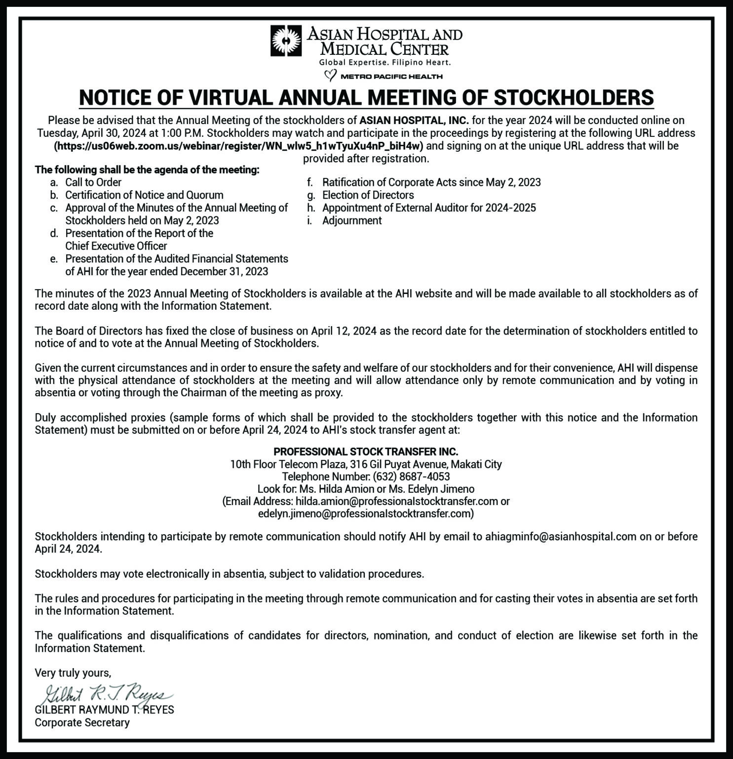 Asian Hospital Medical Center Notice of Annual Stockholders’ Meeting ...