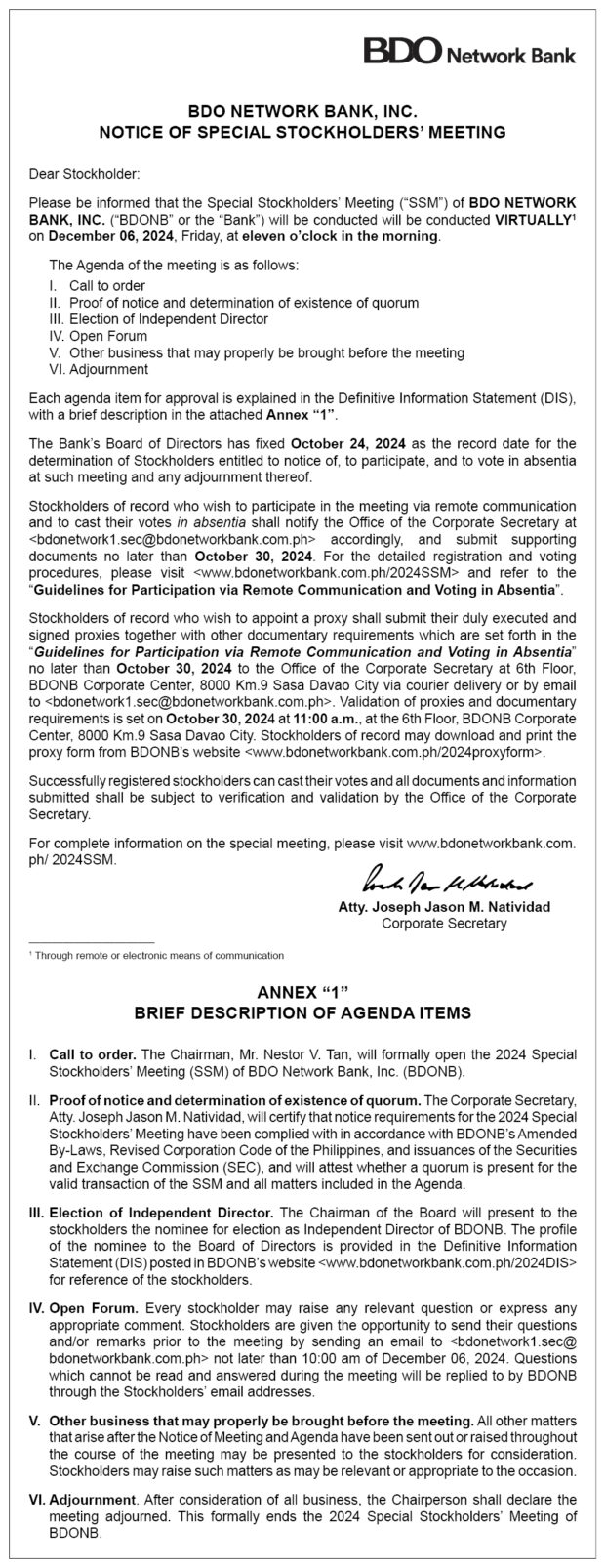 BDO Network Bank, Inc. Notice of Special Stockholders' Meeting (First ...
