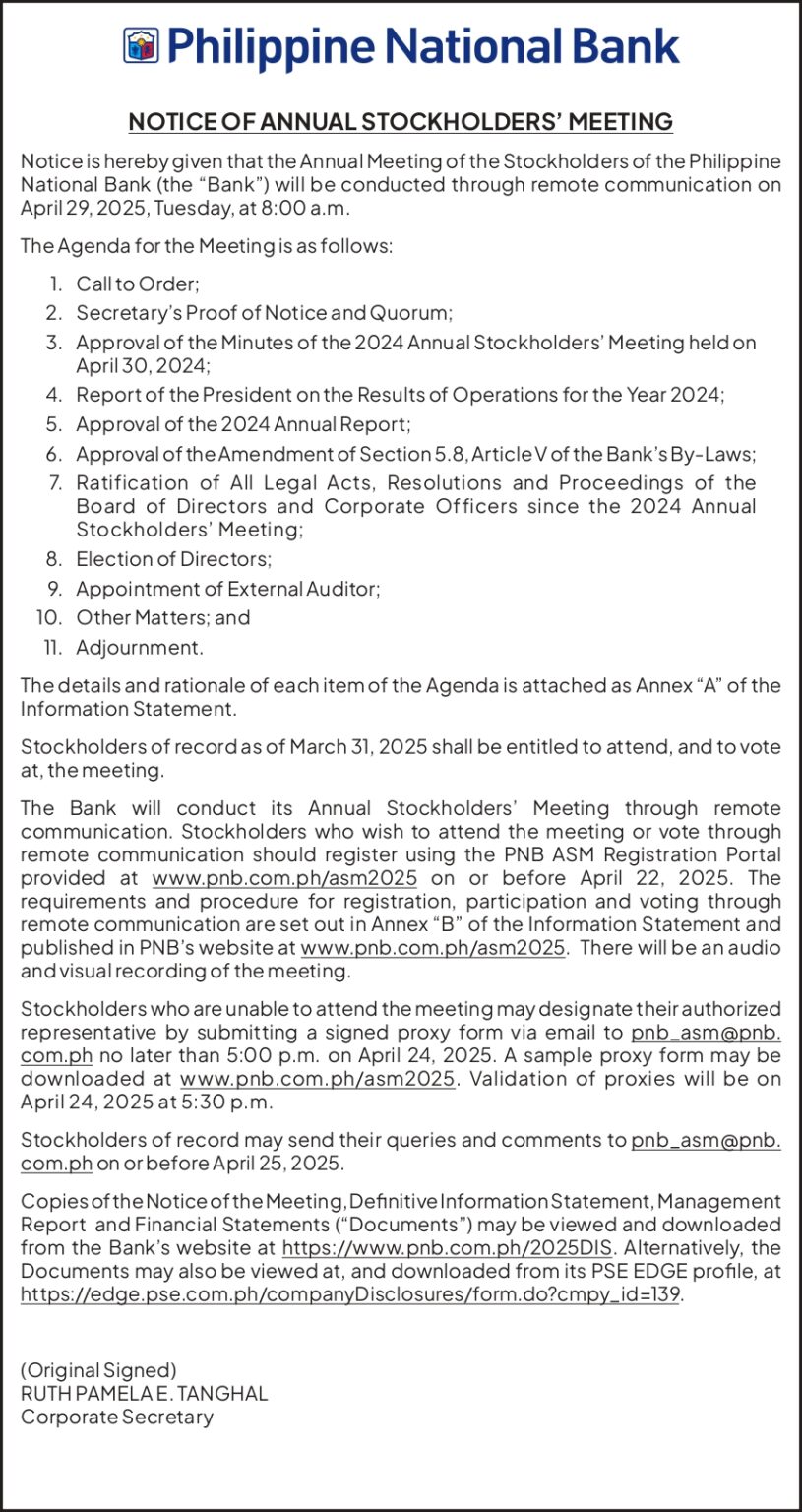 Philippine National Bank Notice of Annual Stockholders' Meeting 2025 1 of 2