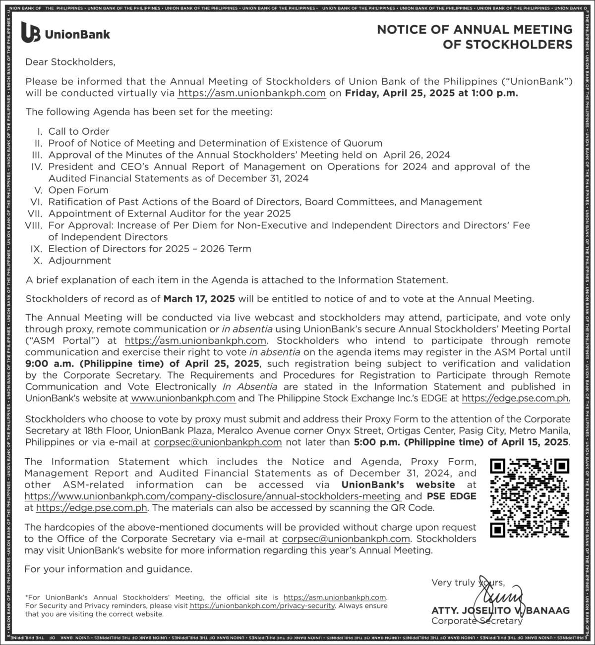 UnionBank Notice of Annual Meeting of Stockholders 2025 2 of 2