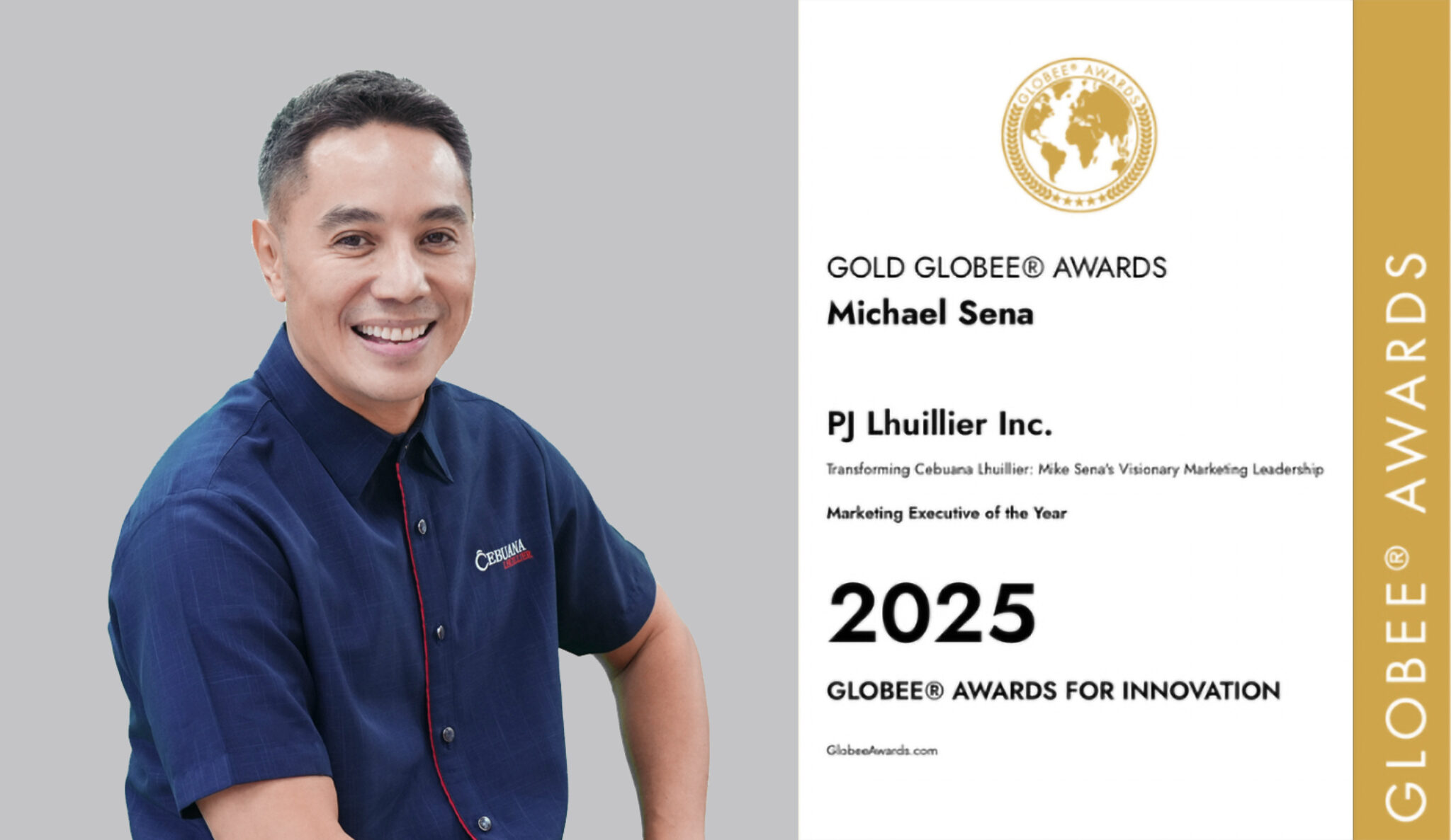 Back-to-back gold: Cebuana Lhuillier’s Mike Sena triumphs again at the Globee® Golden Bridge Awards