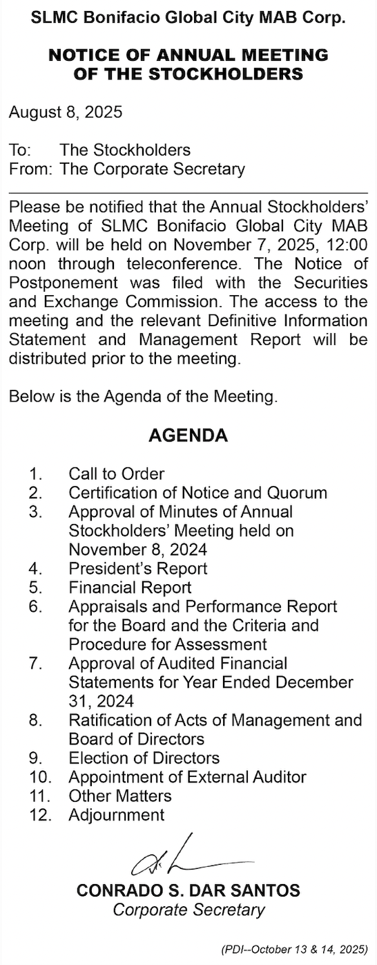 SLMC Bonifacio Global City MAB Corp.'s Notice of Annual Meeting of the ...